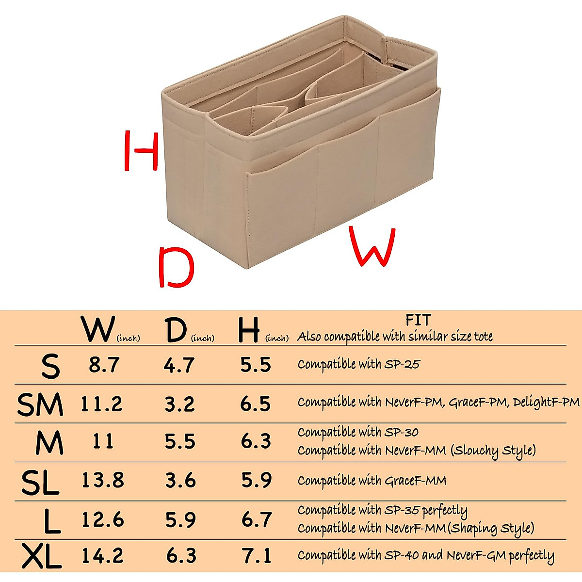 DailyPlus Purse Organizer Insert - Felt Bag Organizer for Tote Purse Bag with 14 Pockets - Beige Medium