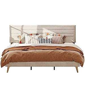 LIKIMIO King Size Bed Frame, Upholstered Platform Bed King with Headboard Heavy Strong Metal/Wood Supports, Easy Assembly, Noise-Free, No Box Spring Needed, Beige