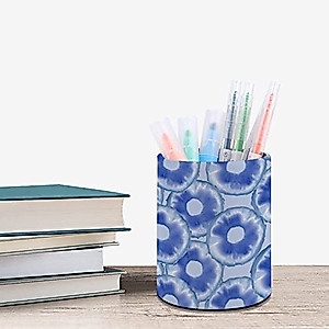 Blue Pineapple Ring Pattern Round PU Leather Pen Holder Desk Organizer Storage Container Pencil Container Brush Scissor Box