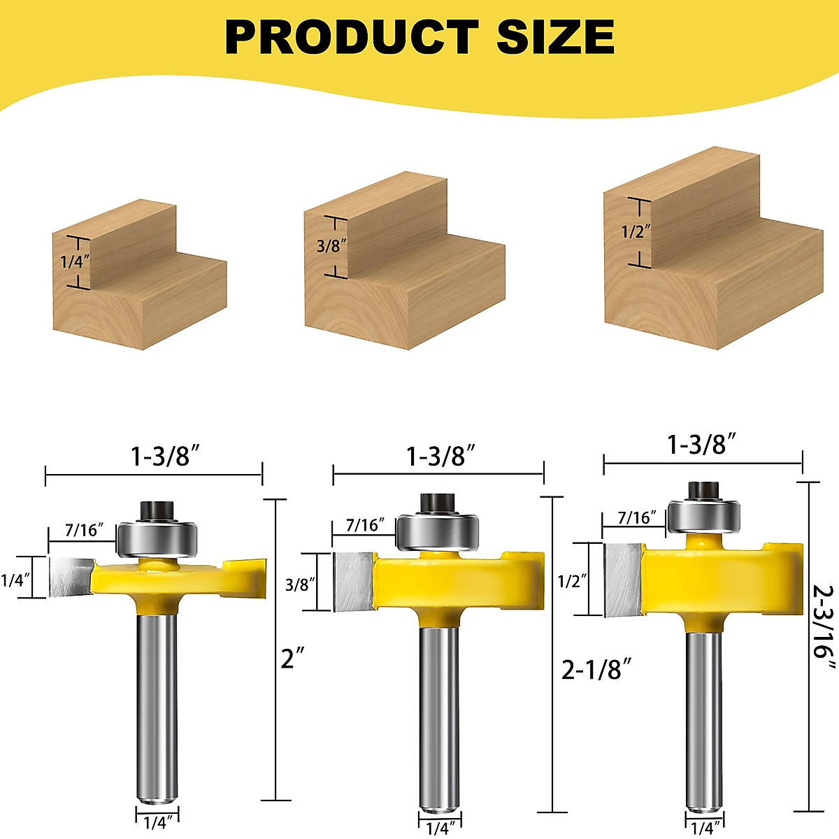 1/4 Inch Shank Rabbet Router Bit Set, 3 Pieces Carbide Tipped Rabbeting Router Bit with 6 Bearings Set, Interchangeable and Adjustable Bearing (Multiple Depths 1/8", 1/4", 5/16", 3/8", 7/16", 1/2")