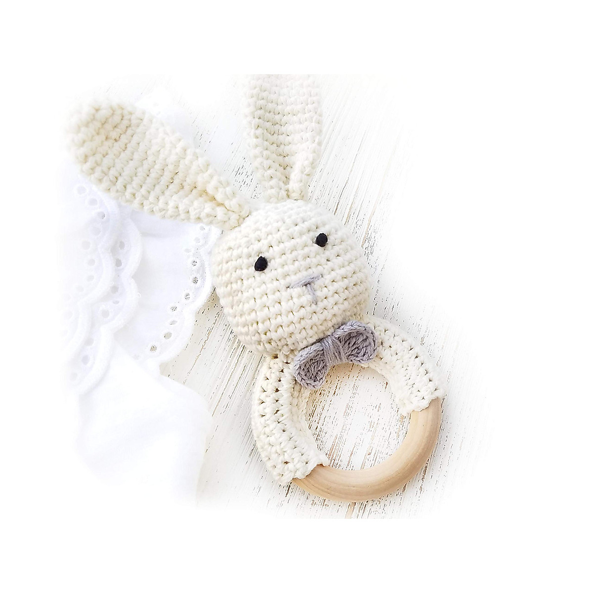 Natural Crochet Teether Toy Rattle for Baby Forest Friends Amigurumi Crochet Bunny Deer Fox on Natural Wooden Teething Ring Rattle and Beaded Pacifier Clip (Mama Bunny)
