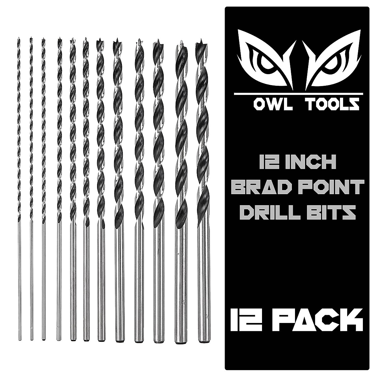 Owl Tools Extra Long 12" Brad Point Wood Drill Bit Set (12 Pack with Storage Sleeve) Carpenters Quality - Drill Splinter-Free Perfectly Round Holes in All Types of Wood