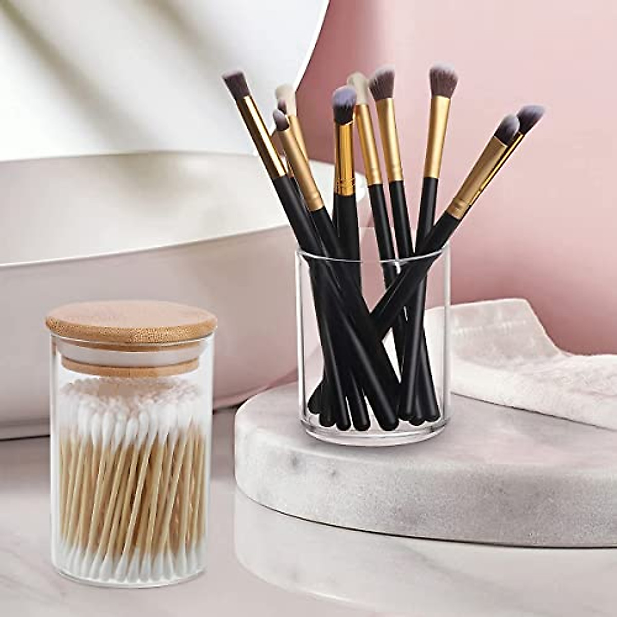 2 PCS Qtip Holder Dispenser with Bamboo Lids ＆ Tray, 10 Oz Cotton Swab Holder Cotton Ball Organizer, Apothecary Jars Bathroom Storage Organizer, Clear Glass Bathroom Storage Jars, Vanity Storage Organizer Canister for Cotton Swab, Ball, Pads, Floss