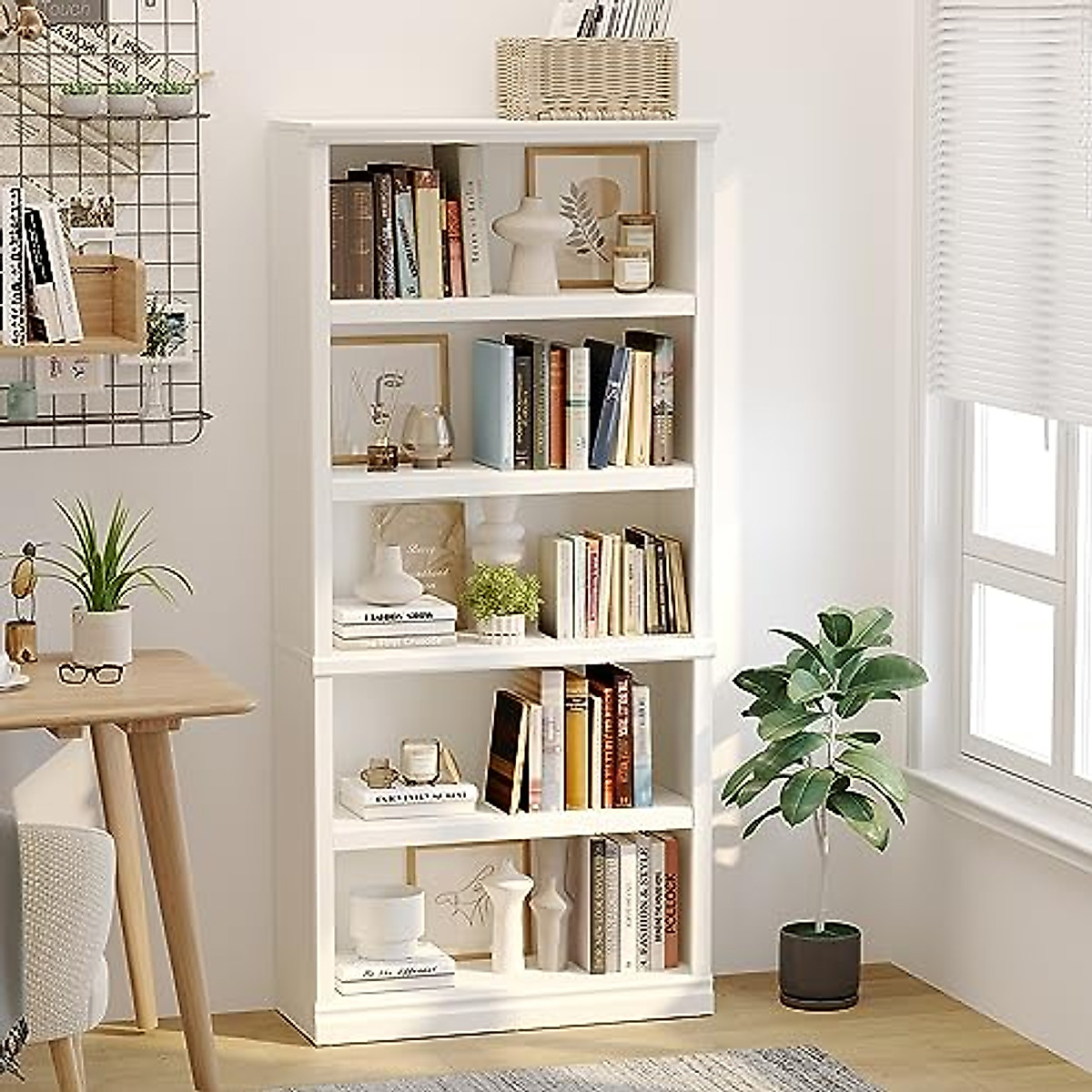 blini 5-Shelf Tall Bookcase White Wooden Bookshelves 33in Wide Floor Standing Display Storage Shelves 70 in Tall Bookcase for Home Office, Living Room, Bed Room