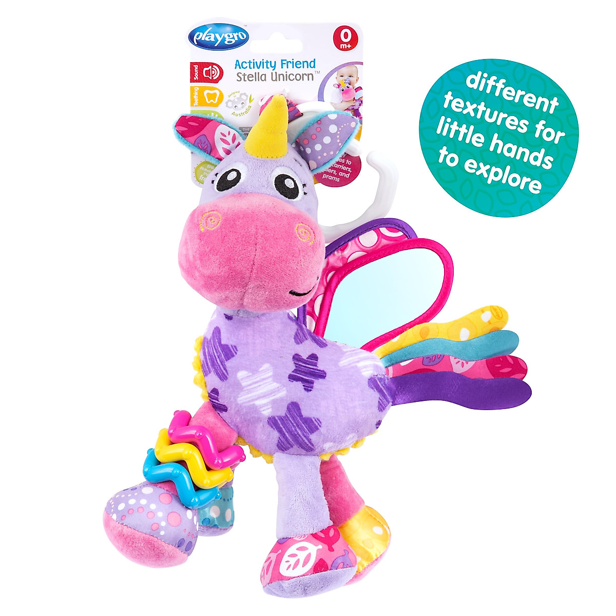 Playgro Baby Toy Activity Friend Stella Unicorn 0186981 for baby infant toddler children is Encouraging Imagination with STEM/STEAM for a bright future - Great Start for A World of Learning