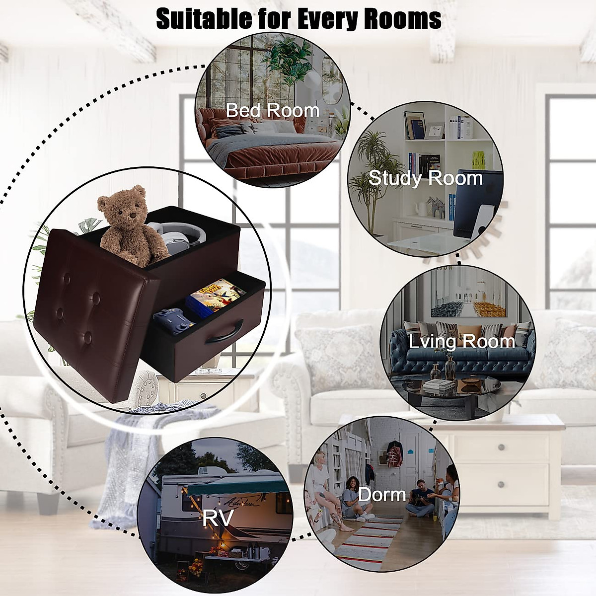 AmasSmile® Storage Ottoman Foot Rest Stool, 16 inch Leather Folding Footstool Bench, Short Ottoman Bench, Storage Foot Rest Store, Books, Records Support 220 lbs, Brown