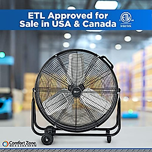 Comfort Zone CZMC24 2-Speed High-Velocity 24-inch Industrial Drum Fan with Aluminum Blades, 180-Degree Adjustable Tilt and Built-In Rubber Wheels in Black