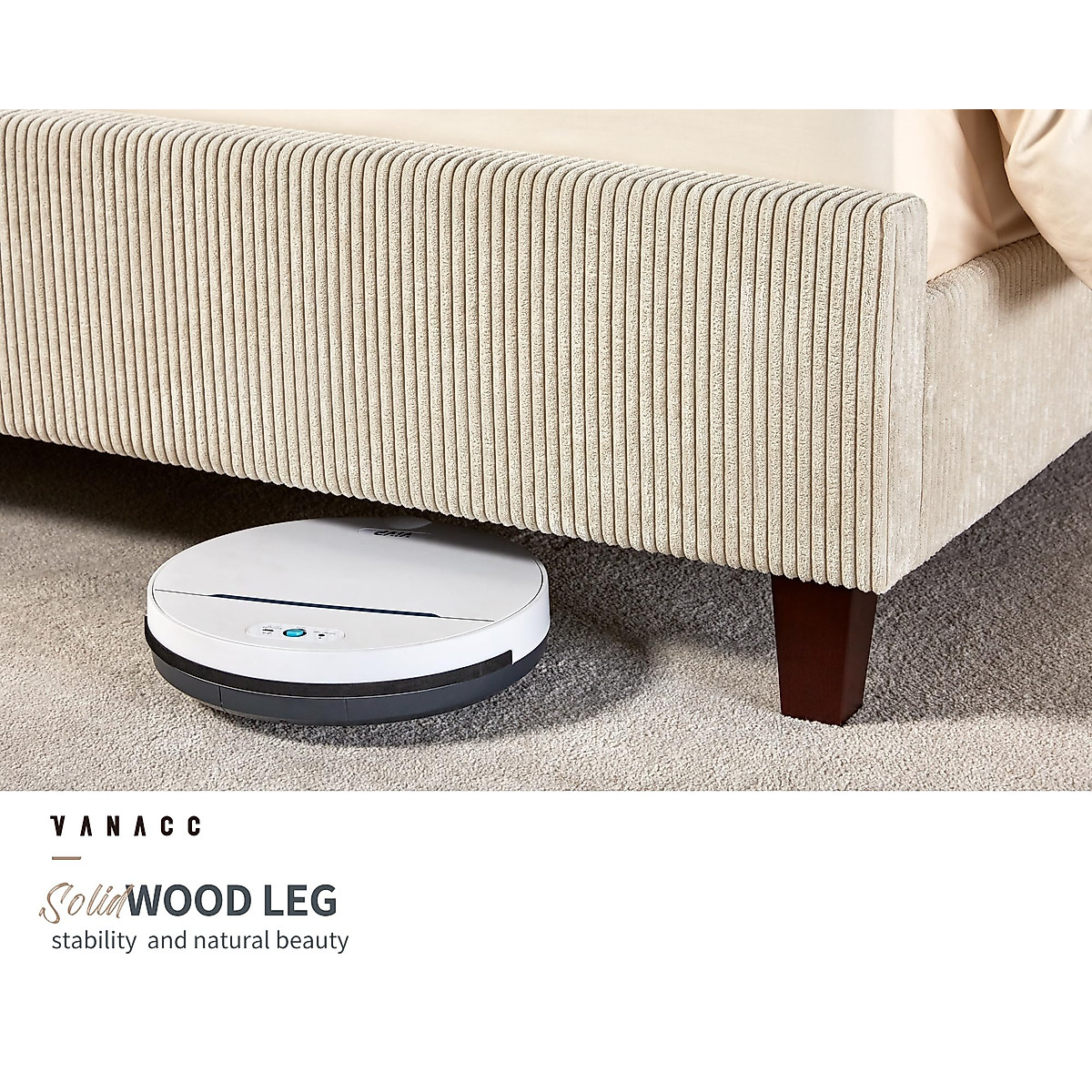 VanAcc King Size Platform Bed Frame, 50.8" Corduroy Upholstered Bed with Vertical Channel Tufted Headboard/Wooden Slats/Wingback/No Box Spring Required/Beige