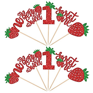 30 PCS Strawberry Sweet One Cupcake Toppers Glitter Berry Sweet 1st Birthday Strawberry Cupcake Picks for Fruit Theme Baby Shower Kids First Birthday Party Cake Decorations Supplies Red