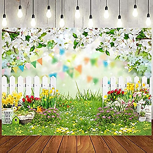 10x8ft Spring Forest Flower Backdrop, Garden Floral Tree Fence Grassland Photography Background Baby Shower Kids Birthday Party Decor Portrait Banner Photo Booth Studio Props