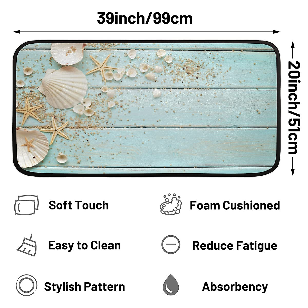 Beach Kitchen Mat, Sea Ocean Seashell Starfish Kitchen Rug Anti Fatigue Memory Foam Floor Mat Non-Slip Cushioned Absorbent Kitchen Runner for Bathroom Entryway Hallway Farmhouse Dining Room 39x20 in
