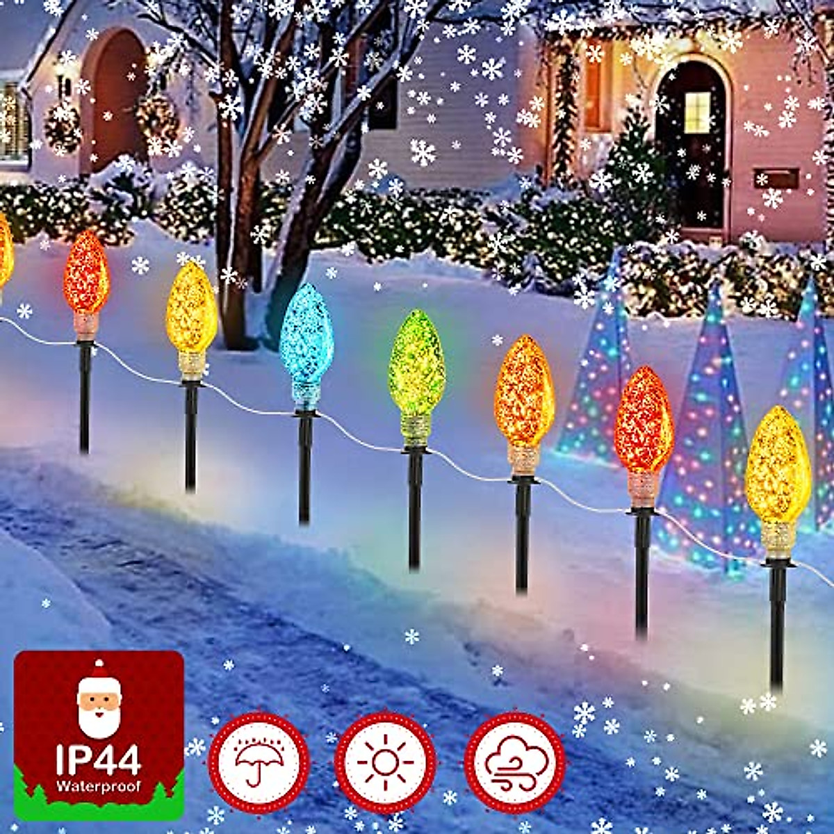 ODEETRONIC C9 Christmas Pathway Lights Outdoor, 6.5ft 5 Pack Jumbo Connectable Multicolor Christmas Lights with Stakes, UL Listed Outdoor Walkway Lights Waterproof for Lawn Yard Garden, 35 Lights