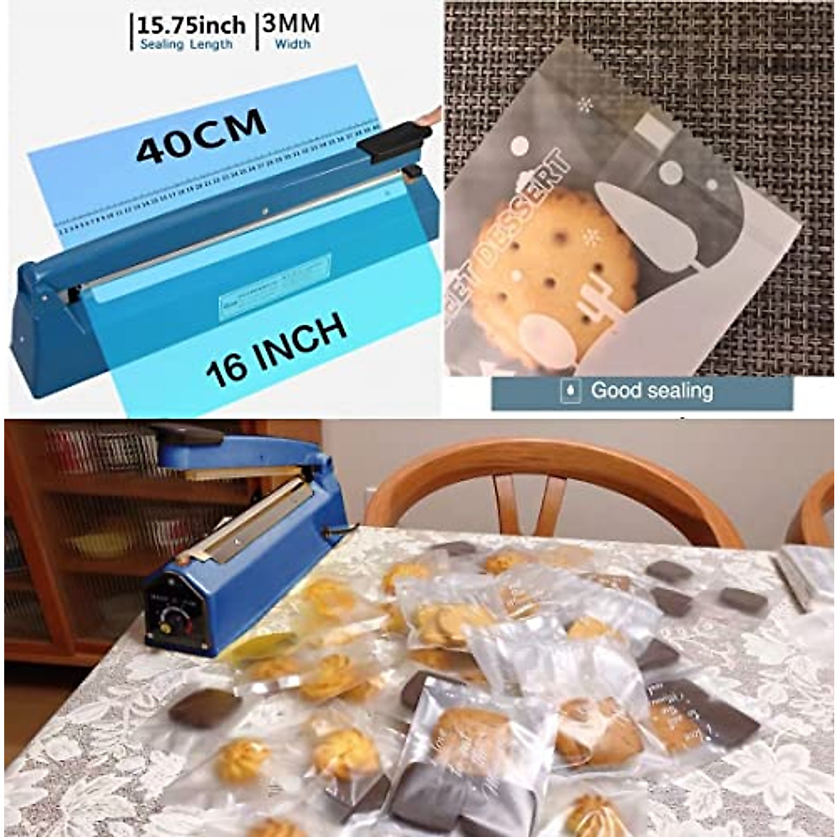 16 inch Impulse Heat Sealer Manual Bags Sealer Heat Sealing Machine Poly Bag Heat Sealer Sealing Machine for Plastic Bags PE PP Bags with Extra Replace Element Grip