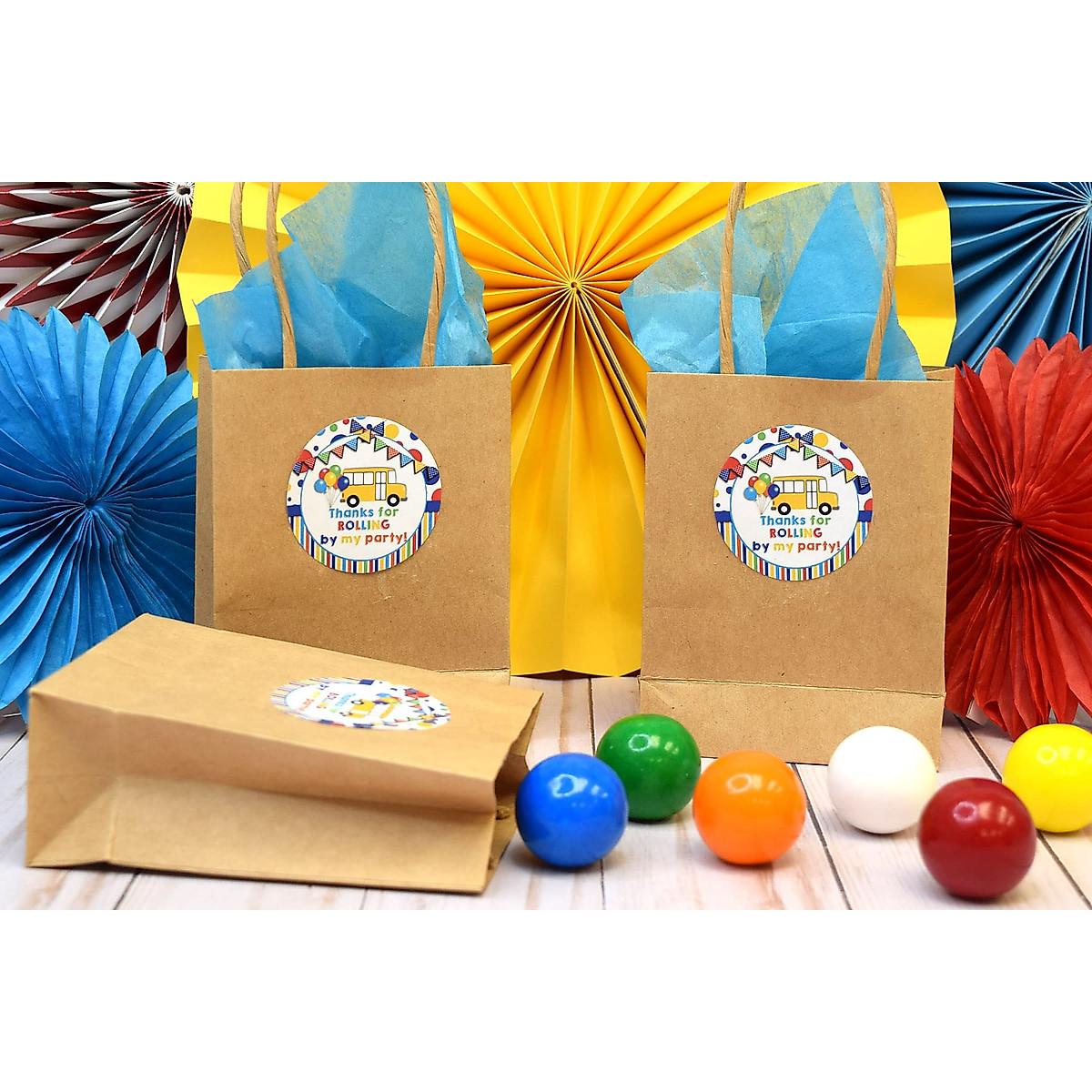 Wheels On The Bus Thank You Sticker Labels, 40 2" Party Circle Stickers by AmandaCreation, Great for Party Favors, Envelope Seals & Goodie Bags