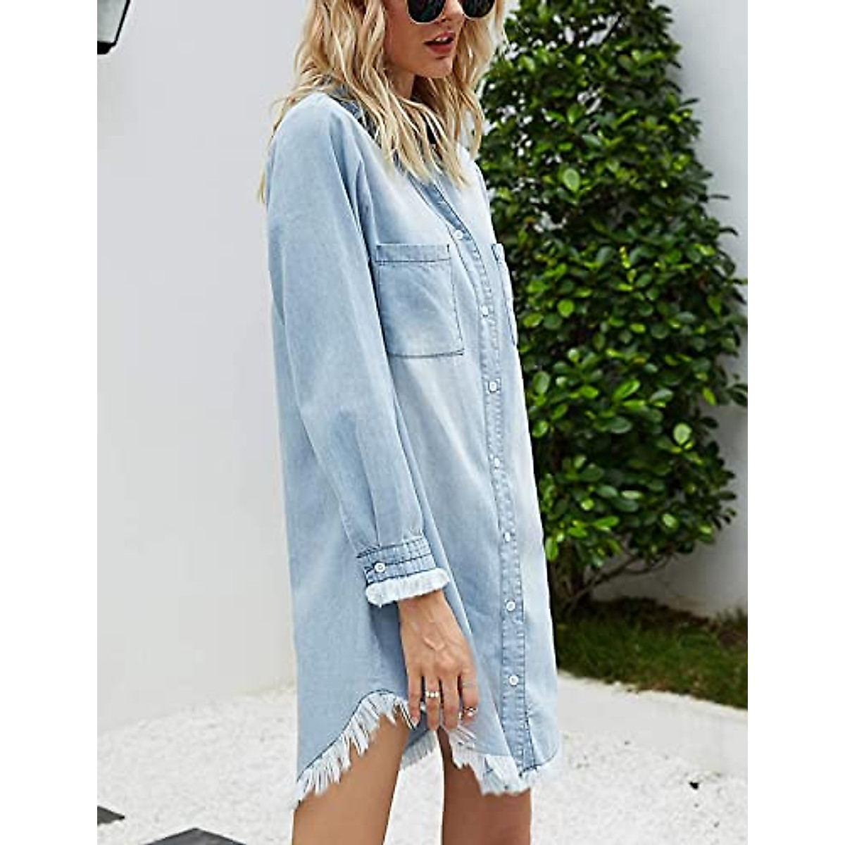 Zilcremo Women Denim Shirt Dresses Long Sleeve Distressed Jean Dress Button Down Casual Tunic Top Lightblue S