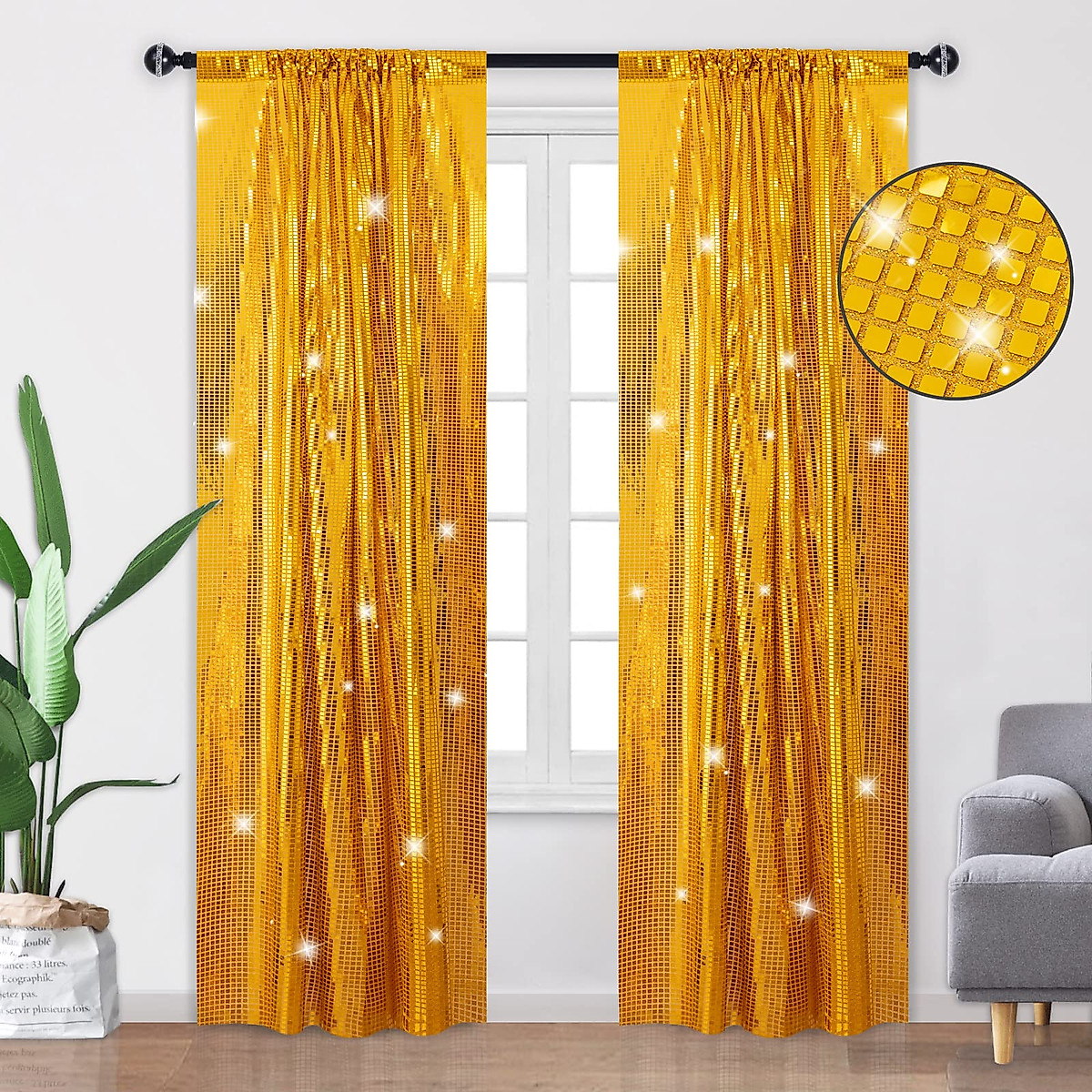 Sugargirl Gold Sequin Backdrop Curtain 2 Panels 2FTx8FT Glitter Disco Party Background Drapes Mirror Foil Backdrop for Wedding Birthday Wall Decor