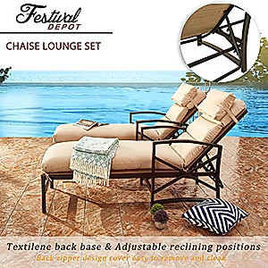Festival Depot 2 Pieces Patio Outdoor Chaise Lounge Recliner Chairs with Cushions Set Premium Fabric Metal Frame Furniture Garden Bistro Soft Headrests (Khaki)