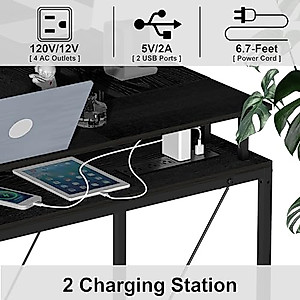 VEDECASA L Shaped Computer Desk Gaming Desk with Power Outlets & LED Light Reversible U Shaped Corner Desk Home Office with Fabric Drawers Storage Stand Monitor Riser (Black)