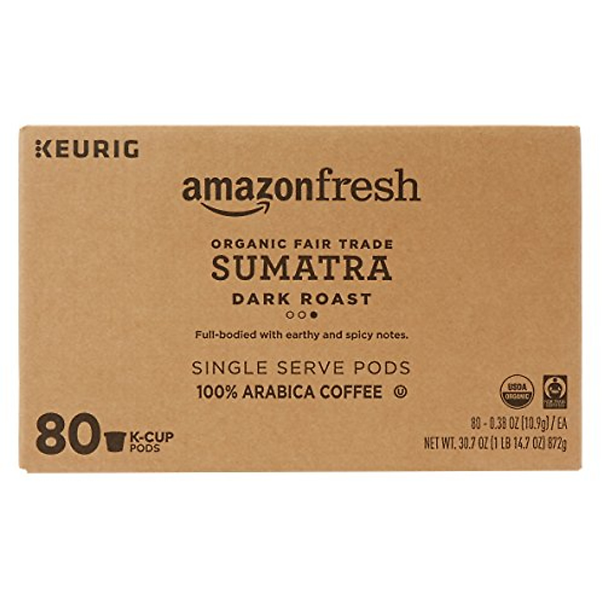 AmazonFresh 80 Ct. Organic Fair Trade K-Cups, Sumatra Dark Roast, Keurig K-Cup Brewer Compatible