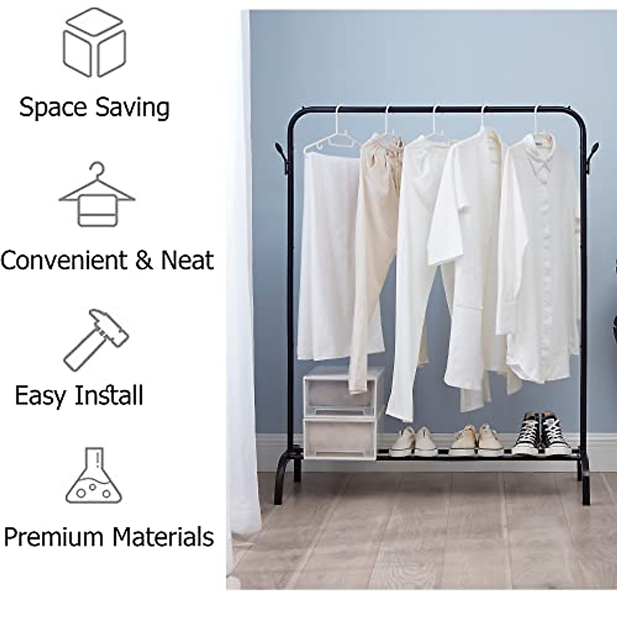 WEASHUME Clothes Rack 43.3 Inches Garment Rack,Coat stand with Bottom Shelf Portable Metal Clothing Rack for Hanging Clothes Coat Rack Black