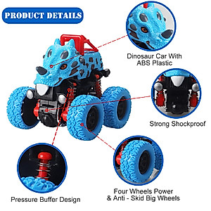 aovowog Monster Truck for Boys, 4 Pack Pull Back Cars, Friction Powered Cars for Kids, Dinosaur Truck Toys for 3 4 5 6 Year Old Boys - Christmas Birthday Party Gift for Kids