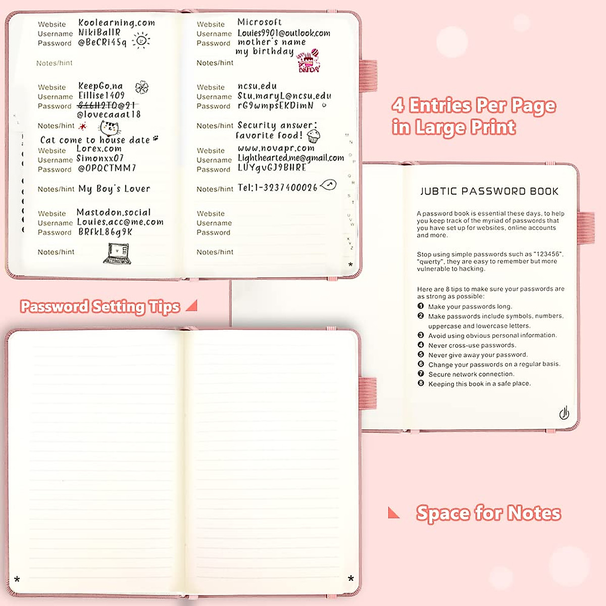 JUBTIC Password Book with Alphabetical Tabs. Medium Size Password Notebook for Internet Website Address Log in Details. Hardcover Password Journal & Organizer for Home Office, Rose Gold