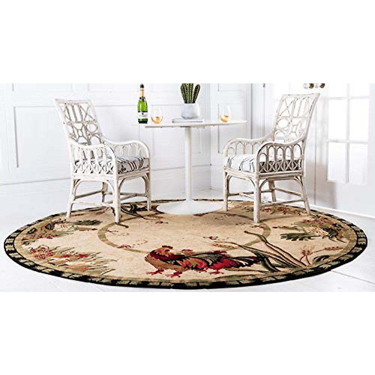 Unique Loom Barnyard Collection French Country Inspired Cottage Rooster Design Area Rug (4' 0 x 4' 0 Round, Ivory/Olive)
