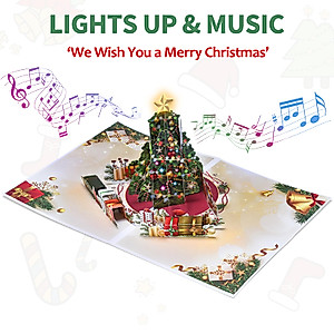 Venhoo Pop Up Christmas Cards with Light and Music, Christmas Tree Design, Handmade 3D Popup Musical Greeting Card for Christmas Holiday Includes Envelop, Playing-We Wish You a Merry Christmas