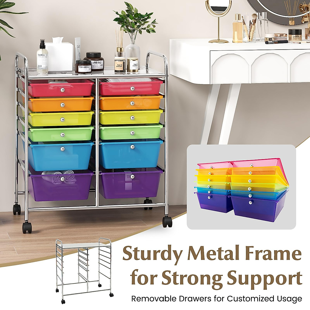 12 Drawers Rolling Storage Cart, Multipurpose Storage Organizer Cart with Lockable Casters, Mobile Utility Cart for Garage Office Home Kitchen (Rainbow+Clear)