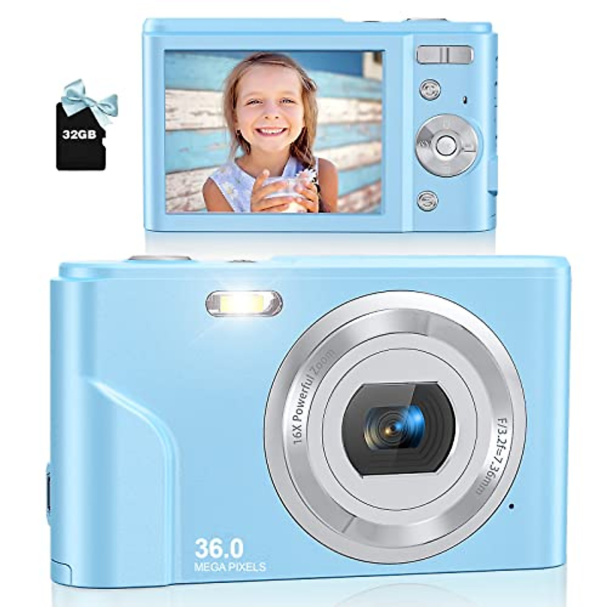 Kids Camera, Lecran Digital Camera Autofocus 1080P 48MP Vlogging Camera with 16X Digital Zoom, LCD Screen, Compact Portable Mini Toy Cameras Gift for Students, Teens, Kids, Girls, Boys (Sky Blue)