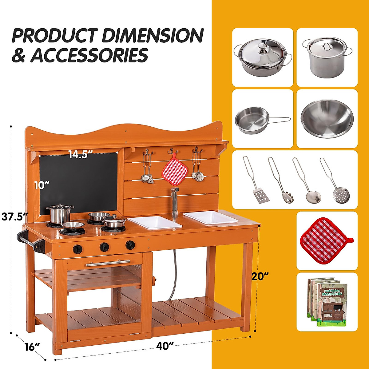 BRINJOY Kitchen Playset for Kids, Outdoor Wooden Mud Kitchen Set w/2 Removable Sinks & Spray Pipe, Backyard Garden Toddler Pretend Play Kitchen w/Blackboard, Kitchenware, Stove, Gift for Boys Girls