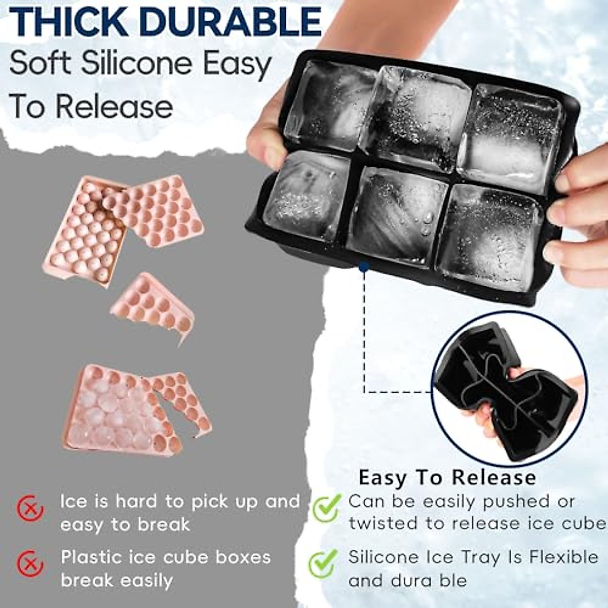 Ice Cube Tray, Silicone Large Ice Cube Molds for Freezer with Lid (4 Pcs), 6 Ball Ice Tray, 4 Diamond & 6-Ice Trays, Reusable Ice Mold for Whiskey ，Drinks，Juices and Cocktails. (Black)