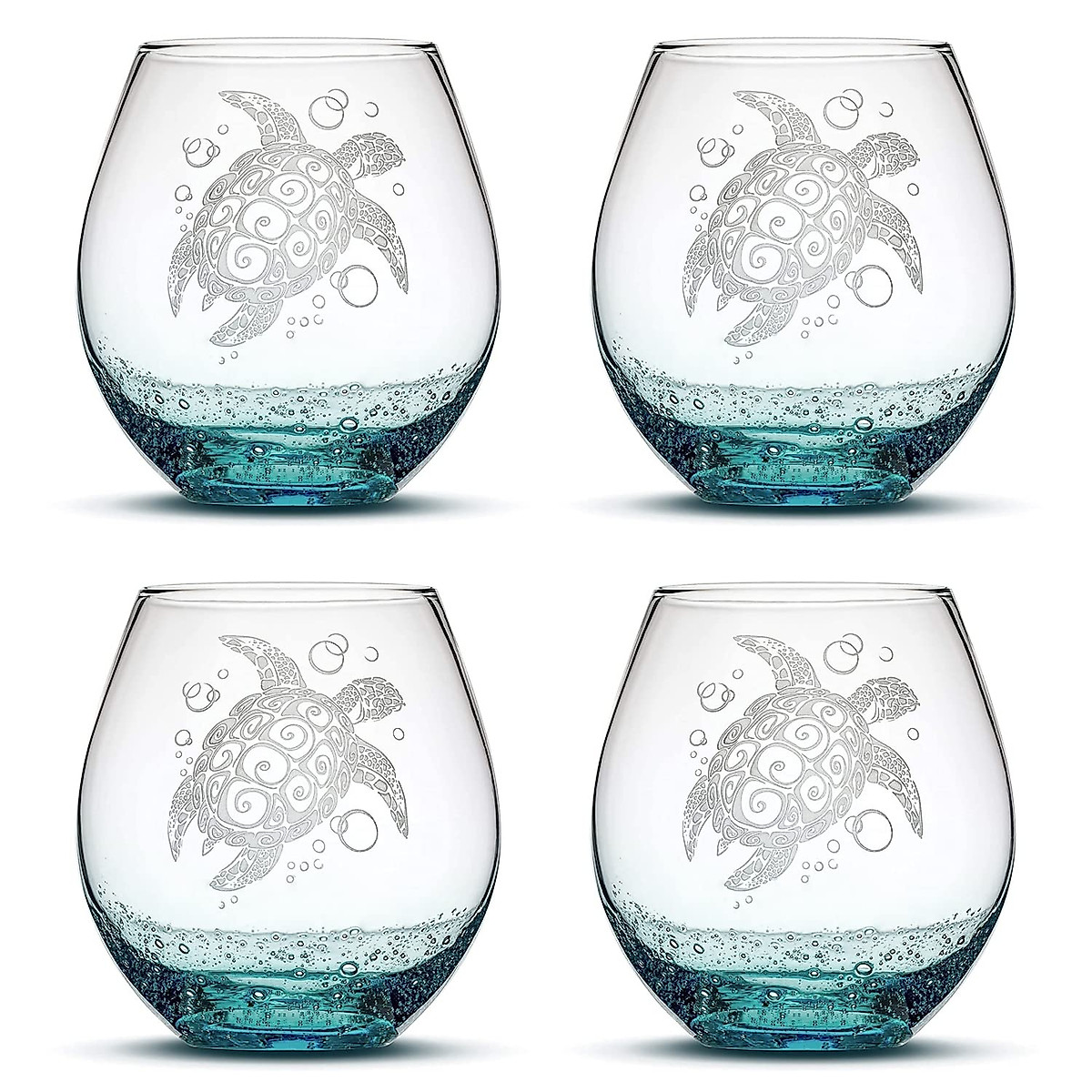 Integrity Bottles Tribal Sea Turtle Design, (Set of 4) Stemless Wine Glass, Handmade, Handblown, Hand Etched Gifts, Sand Carved, 18oz (Bubbly Teal)