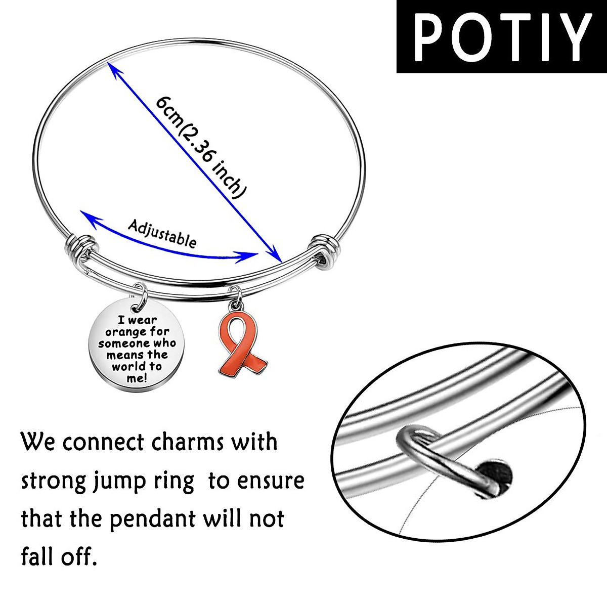 POTIY Orange Awareness Ribbon Charm Bracelet Kidney Cancer Leukemia Multiple Sclerosis Awareness Jewelry Cause Ribbon Inspirational Bracelet for Women (Orange Bracelet)