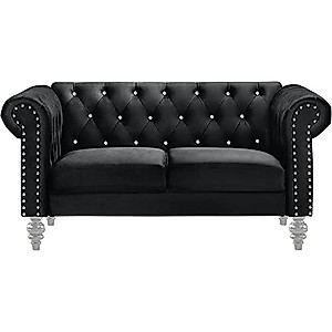 New Classic Furniture Glam Emma Velvet Two Seater Chesterfield Style Loveseat for Small Spaces with Crystal Button Tufts, Black