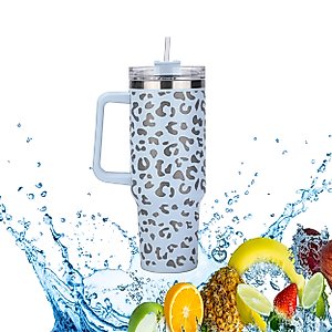 TINVSKQQKJ 40oz Leopard Tumbler with handle and Straw with lid,Double Walled Stainless Steel Leopard Tumbler Leak Resistant Insulated Sports Travel Cup for Cold Heat water and Ice for Hours