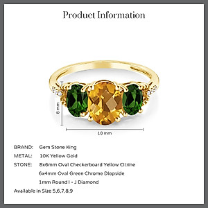 Gem Stone King 10K Yellow Gold Oval Checkerboard Yellow Citrine and Green Chrome Diopside Women Ring (2.39 Cttw, Gemstone Birthstone) (Size 9)