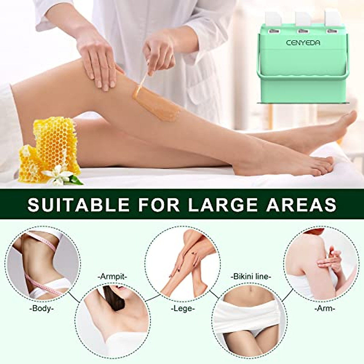 3 IN 1 Roll On Waxing Kit, CENYEDA Hair Removal Triple Roll-On Wax Warmer with 3 Honey Wax Cartridge Depilatory Wax Roller Refill for Legs Arms and Underarm, Upgrade Heating System-Just 13 Mins(Green)