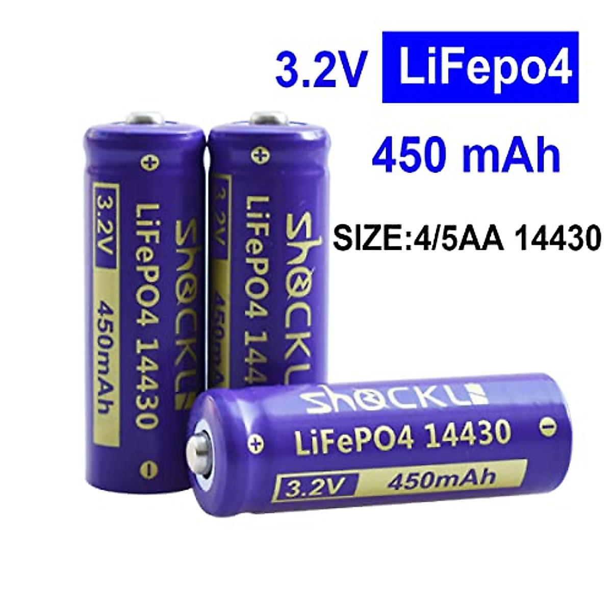 funkawa (2-Pack Shockli 14430 3.2V 450mAh LiFePO4 Rechargeable Solar Battery for Outdoor Solar Garden Light【Shorter Than AA!】