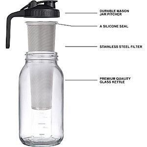 Cold Brew Coffee Maker Pitcher, 32 oz(1 Quart) Thick Glass Mason Jar with Heavy Duty Stainless Steel Filter & Handle for Iced Brew Coffee, Ice Lemonade, Sun Tea