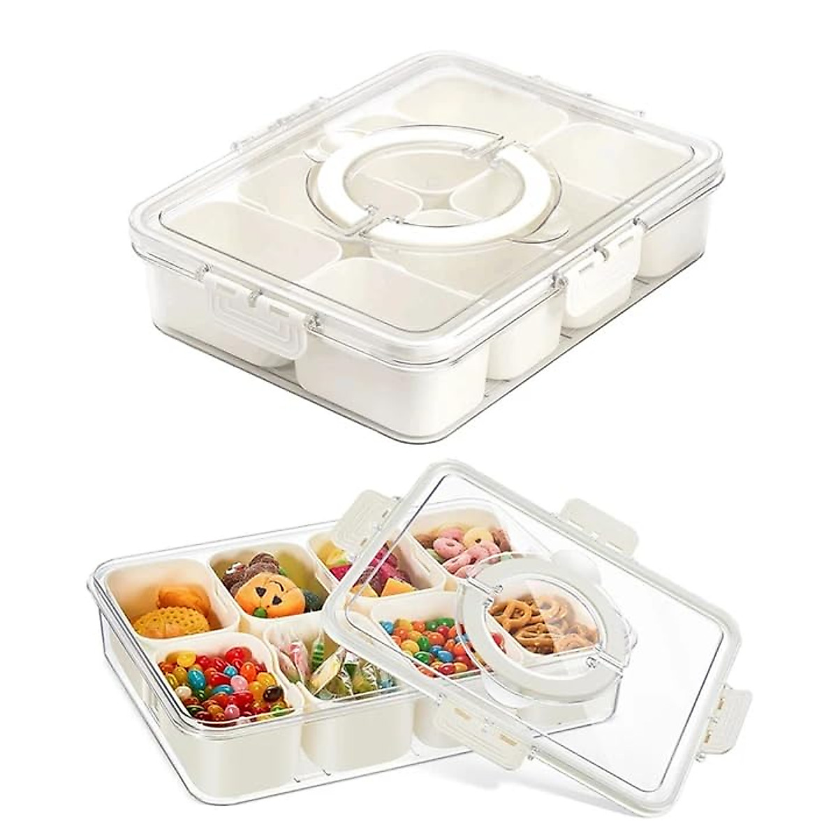 Kitchen Portable Plastic Spice Storage Container Snack Storage Box Snackle Box Clear Divided Serving Tray with Lid and Handle | Clear Snack Organizer Box for Party, Picnic, Travel