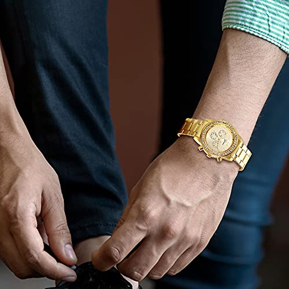 JewelryWe Luxury Mens Dress Watch, Stainless Steel Bling Rhinestones Accented Quartz Wrist Watches - Gold, for Xmas