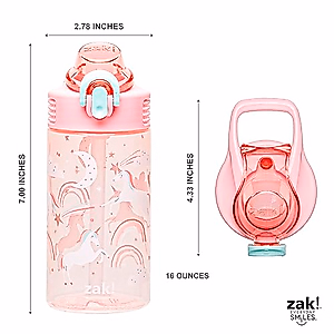 Zak Designs Sage Water Bottle For School or Travel, 16oz Durable Plastic Water Bottle With Straw, Handle, and Leak-Proof, Pop-Up Spout Cover (Fanciful Unicorn)