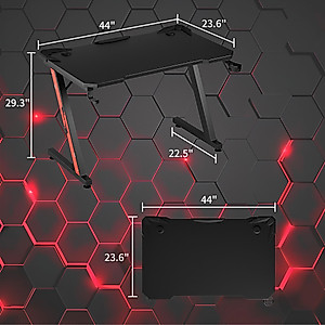Furmax Gaming Desk Computer Desk Z-Shaped Gaming Table with Carbon Fibre Surface Home Office Desk PC Workstation Desk with Cup Holder, Headphone Hook Modern Style Desk (Black, 44 inch)