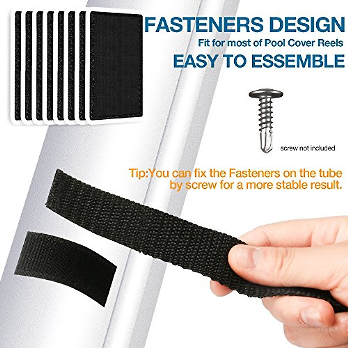 HENMI Pool Solar Cover Reel Attachment Kit,Solar Cover Reel Straps Solar Blanket Straps Kit for Universal In Ground Swimming Pool Including 8 Adhesive Nylon Straps and Tabs, 8 Cord Plates,8 Buckles