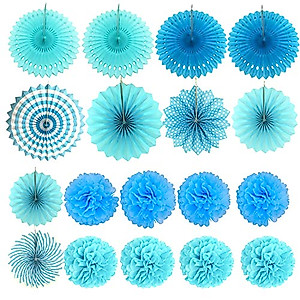 ZERODECO Party Decoration, 21 Pcs Blue Hanging Paper Fans, Pom Poms Flowers, Garlands String Polka Dot and Triangle Bunting Flags for Boy Birthday Parties, Bridal Showers, Baby Showers, Wedding