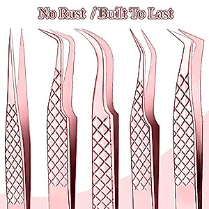 5 Pieces Eyelash Extension Tweezers Set Straight and Curved Tip False Lash Tweezers Eyelash Volume Tweezers Stainless Steel Precision Tweezers for Eyelash Extension (Rose Gold)