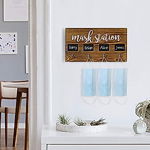 MyGift Wall Mounted Burnt Wood Personal Face Mask Holder Rack with MASK Station Print Design, 4 Mask Key Hooks and Individual Chalkboard Labels