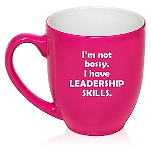 16 oz Large Bistro Mug Ceramic Coffee Tea Glass Cup Funny I'm Not Bossy. I Have Leadership Skills (Hot Pink)
