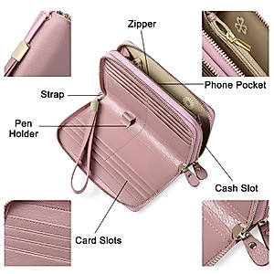 SENDEFN Leather Women Wallet RFID Blocking Zipper Around Phone Holder Clutch Wristlet Large Capacity